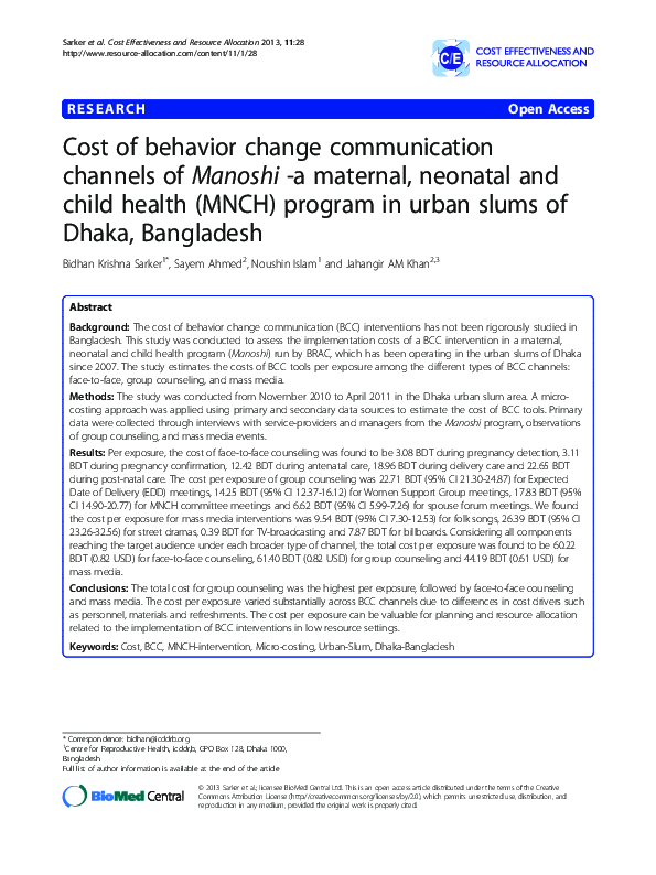 (PDF) Cost of behavior change communication channels of Manoshi -a ...