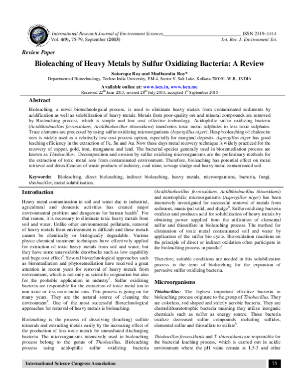 (PDF) Bioleaching of Heavy Metals by Sulfur Oxidizing Bacteria: A Review