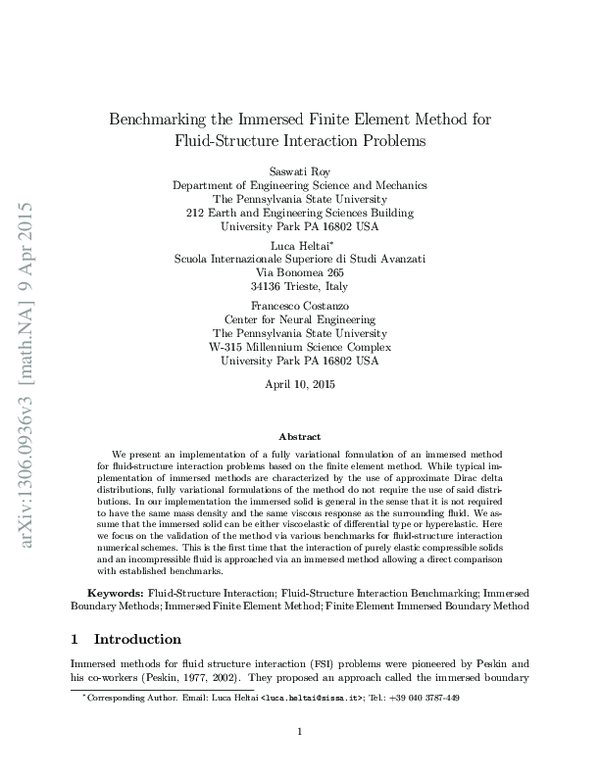 (PDF) Benchmarking the immersed finite element method for fluid–structure interaction problems