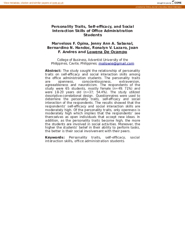 (PDF) Personality Traits, Self-efficacy, and Social Interaction Skills ...