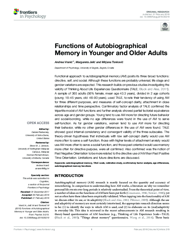 (PDF) Functions of Autobiographical Memory in Younger and Older Adults