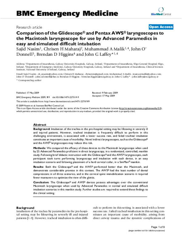 (PDF) Comparison of the Glidescope® and Pentax AWS®laryngoscopes to the ...