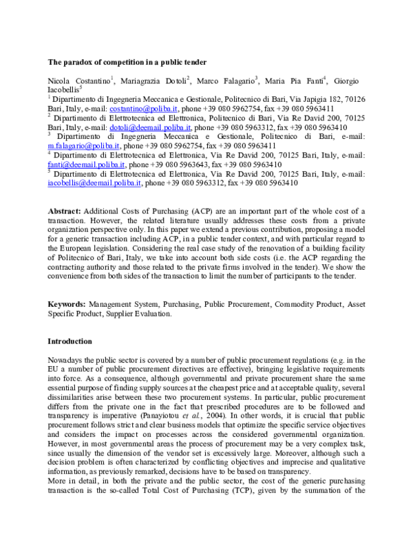 (PDF) The paradox of competition in a public tender | Maria Pia Fanti ...