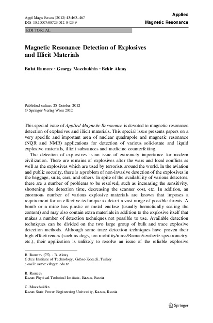 (PDF) Magnetic Resonance Detection of Explosives and Illicit Materials