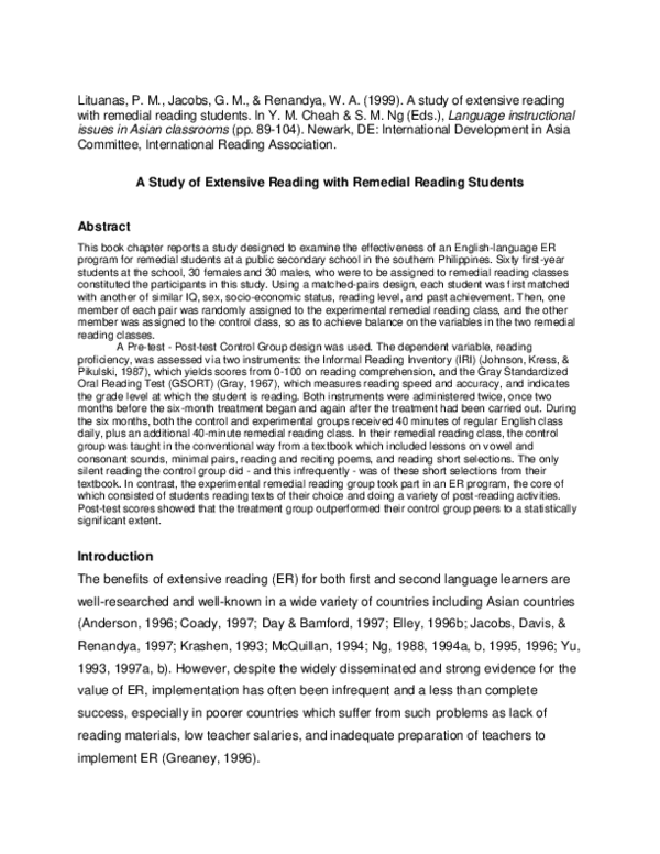 (PDF) A study of extensive reading with remedial reading students