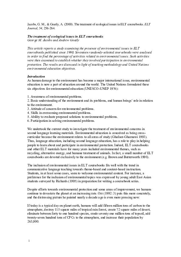 (PDF) The treatment of ecological issues in ELT coursebooks