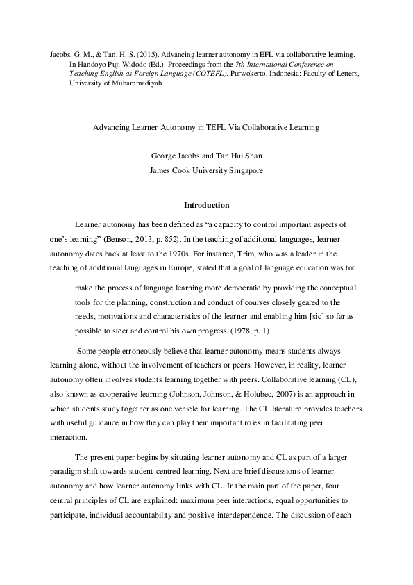 (PDF) Advancing Learner Autonomy in Tefl via Collaborative Learning