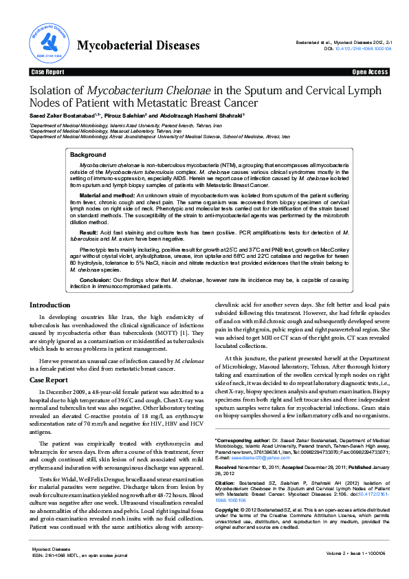 (PDF) Isolation of Mycobacterium Chelonae in the Sputum and Cervical ...