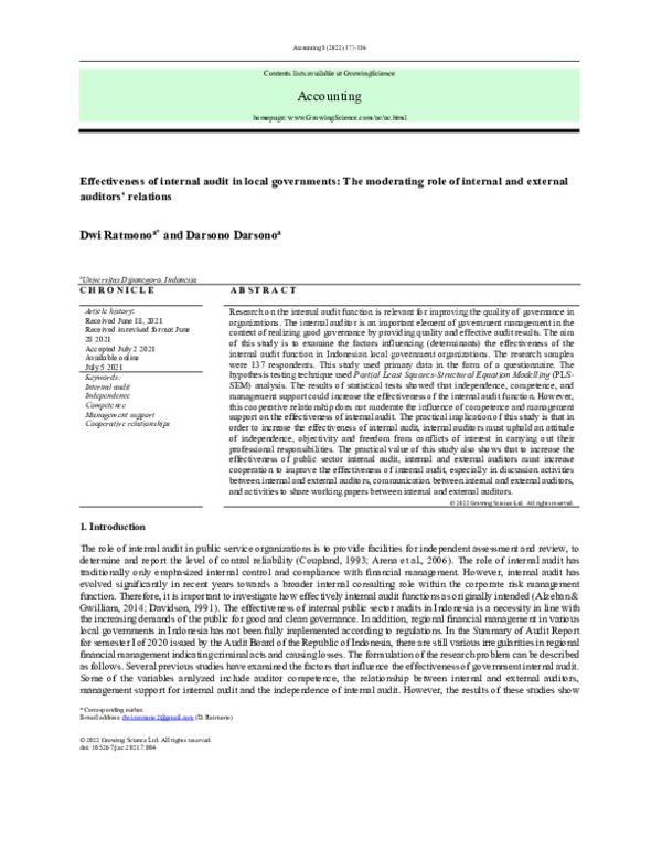 (PDF) Effectiveness of internal audit in local governments: The moderating role of internal and ...