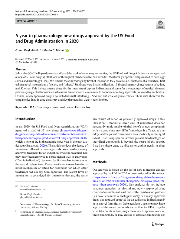 (PDF) A year in pharmacology: new drugs approved by the US Food and Drug Administration in 2020