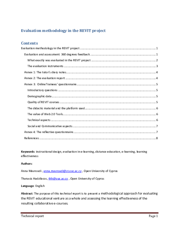 (PDF) Technical report- Evaluation methodology in the REVIT project