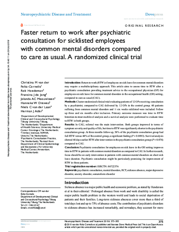 (PDF) Faster return to work after psychiatric consultation for ...