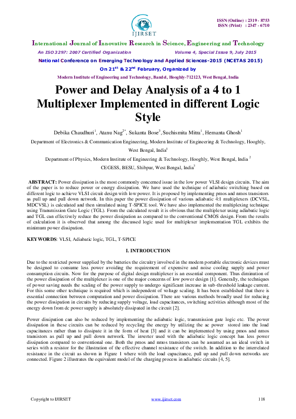 (PDF) Power and Delay Analysis of a 4 to 1 Multiplexer Implemented in different Logic Style