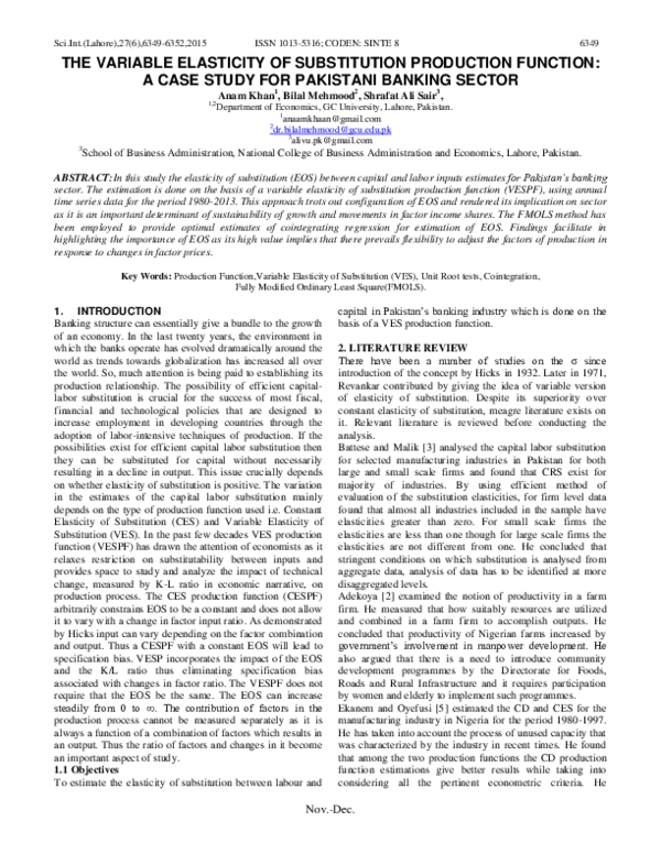 (PDF) The Variable Elasticity of Substitution Production Function: A Case Study for Pakistani ...