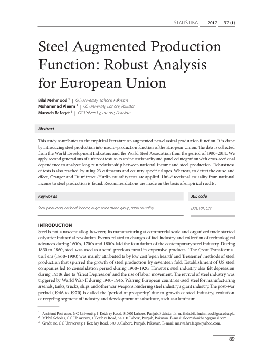 (PDF) Steel Augmented Production Function: Robust Analysis for European ...
