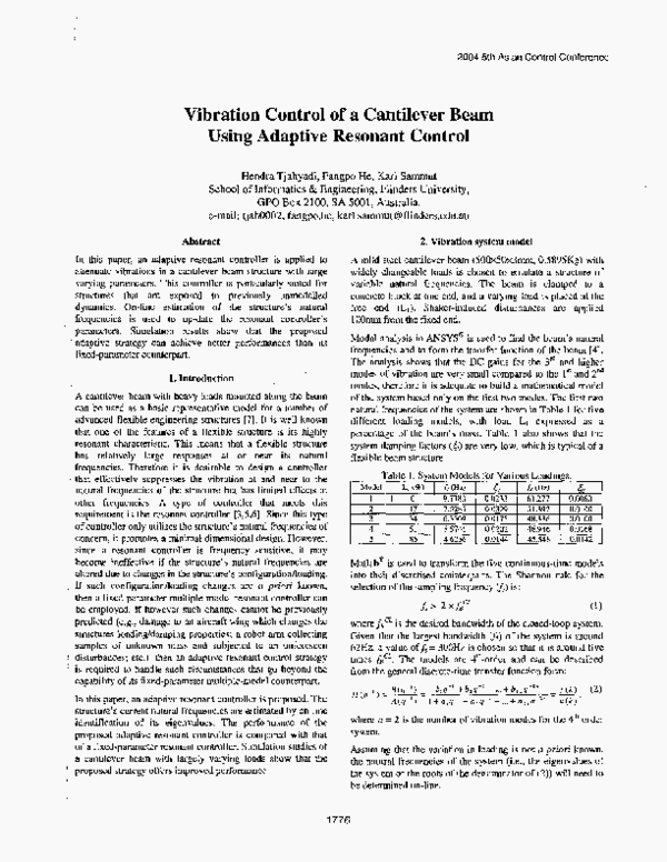 Pdf Vibration Control Of A Cantilever Beam Using Adaptive Resonant
