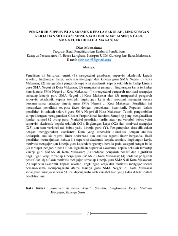 (PDF) Pengaruh Supervisi Akademik Kepala Sekolah, Lingkungan Kerja Dan Motivasi Mengajar ...
