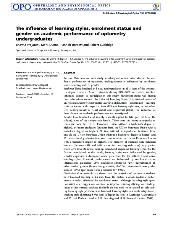 (PDF) The influence of learning styles, enrolment status and gender on academic performance of ...