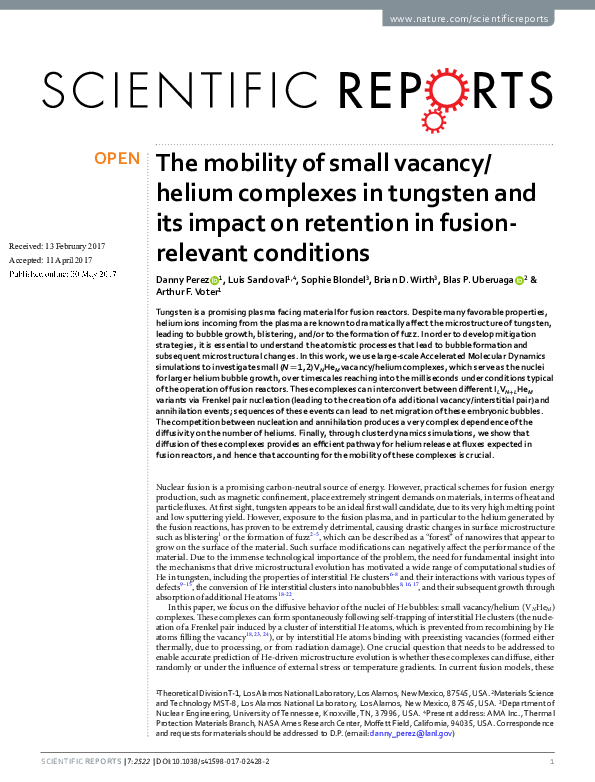 (PDF) The mobility of small vacancy/helium complexes in tungsten and ...