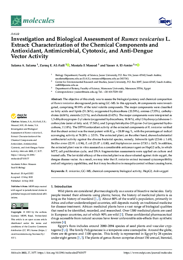 (PDF) Investigation and Biological Assessment of Rumex vesicarius L. Extract: Characterization ...