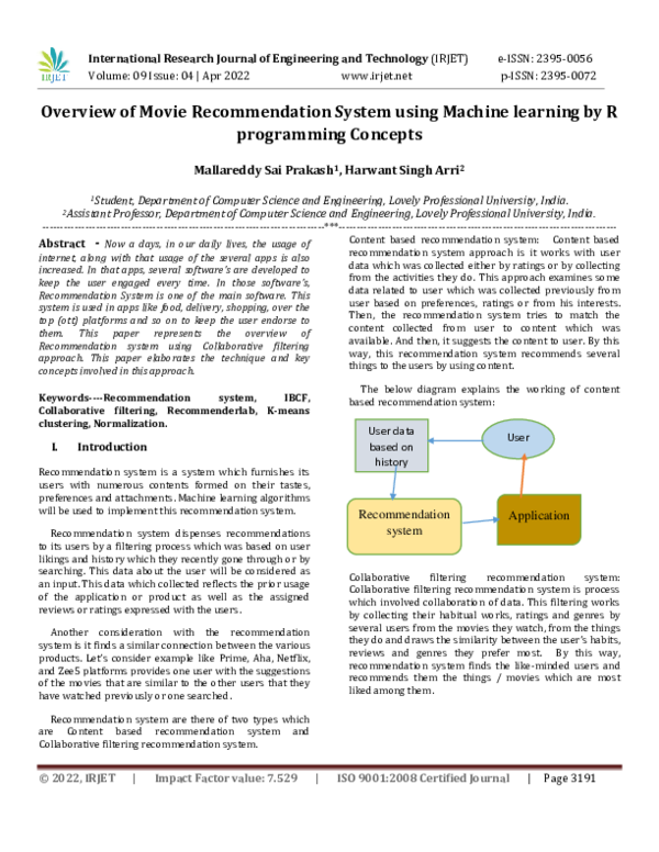 (PDF) Overview of Movie Recommendation System using Machine learning by R programming Concepts