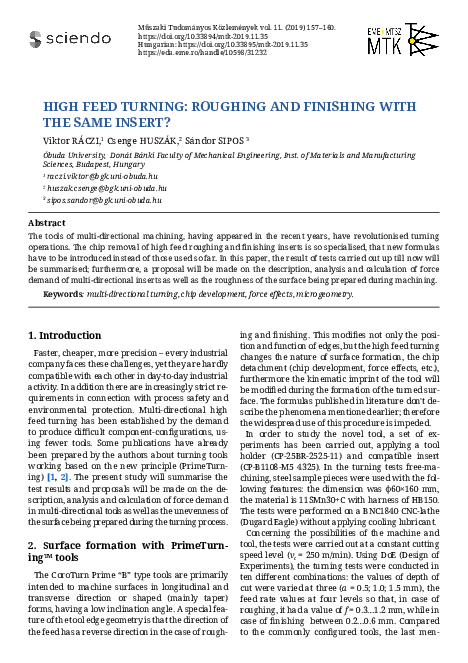 (PDF) High Feed Turning: Roughing and Finishing with the Same Insert?