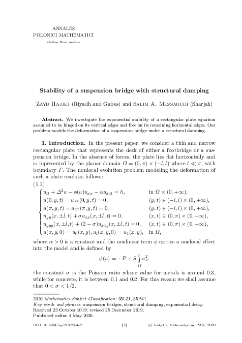 (PDF) Stability of a suspension bridge with structural damping
