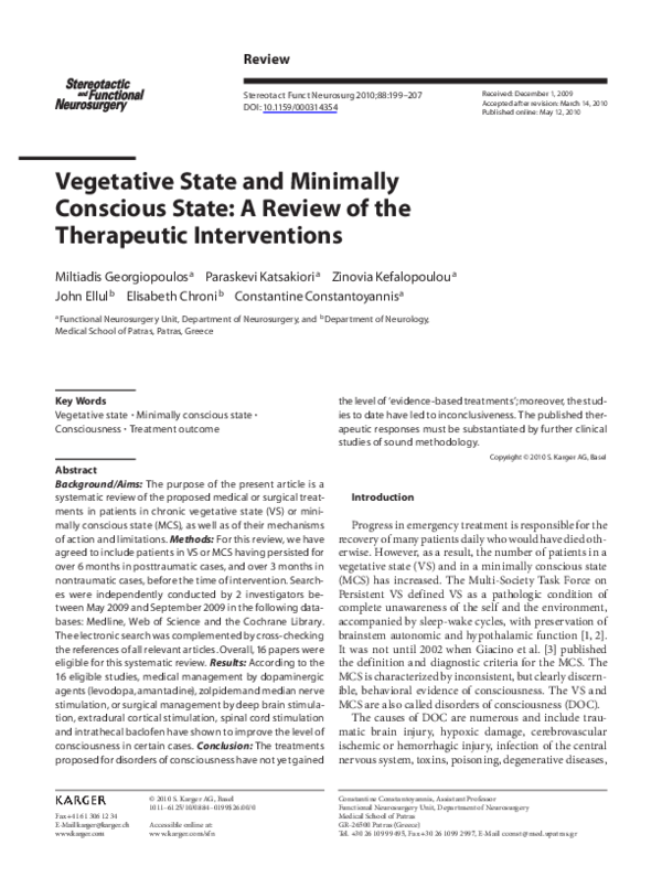 (PDF) Vegetative State and Minimally Conscious State: A Review of the ...