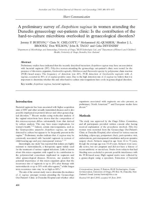 (PDF) A preliminary survey of Atopobium vaginae in women attending the ...