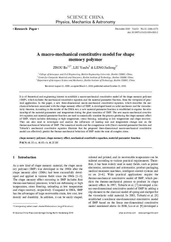 (PDF) A macro-mechanical constitutive model for shape memory polymer