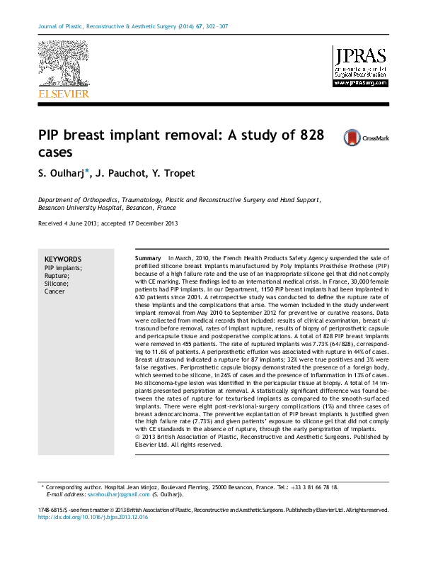 (PDF) PIP breast implant removal: A study of 828 cases | julien pauchot ...