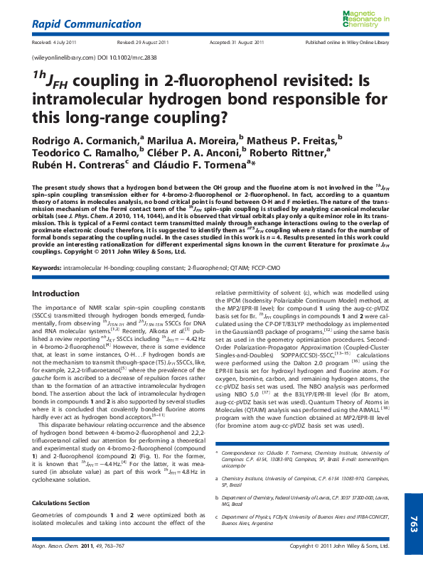 (PDF) 1h JFH coupling in 2-fluorophenol revisited: Is intramolecular ...