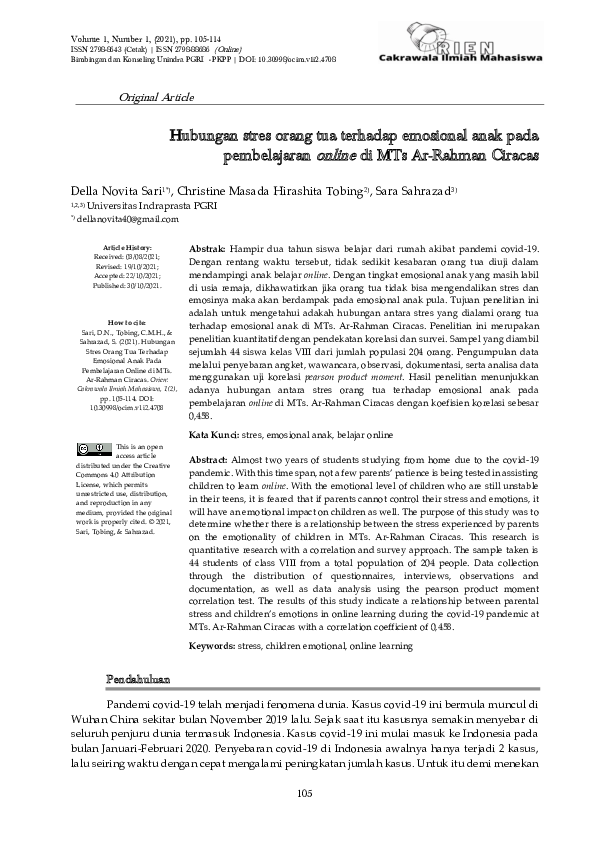 (PDF) Hubungan Tingkat Stres Orangtua Terhadap Emosional Anak Pada Pembelajaran Online Masa ...