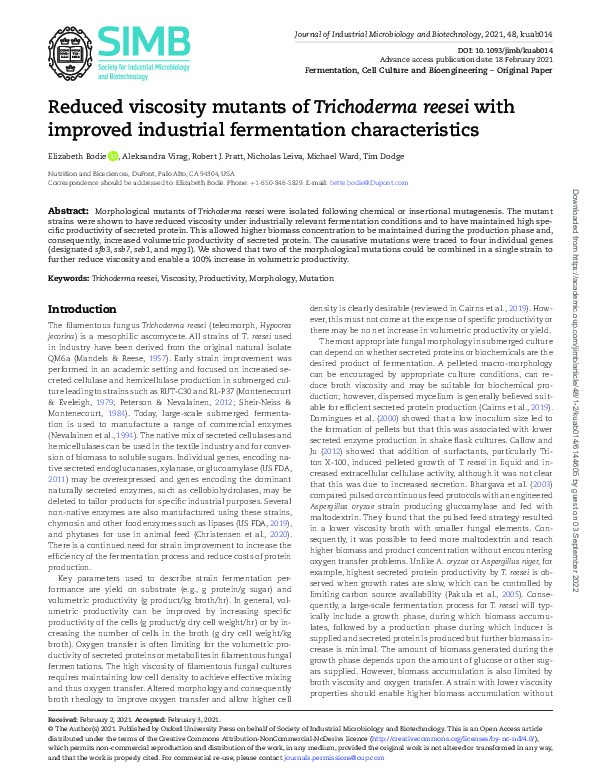 (PDF) Reduced viscosity mutants of Trichoderma reesei with improved industrial fermentation ...