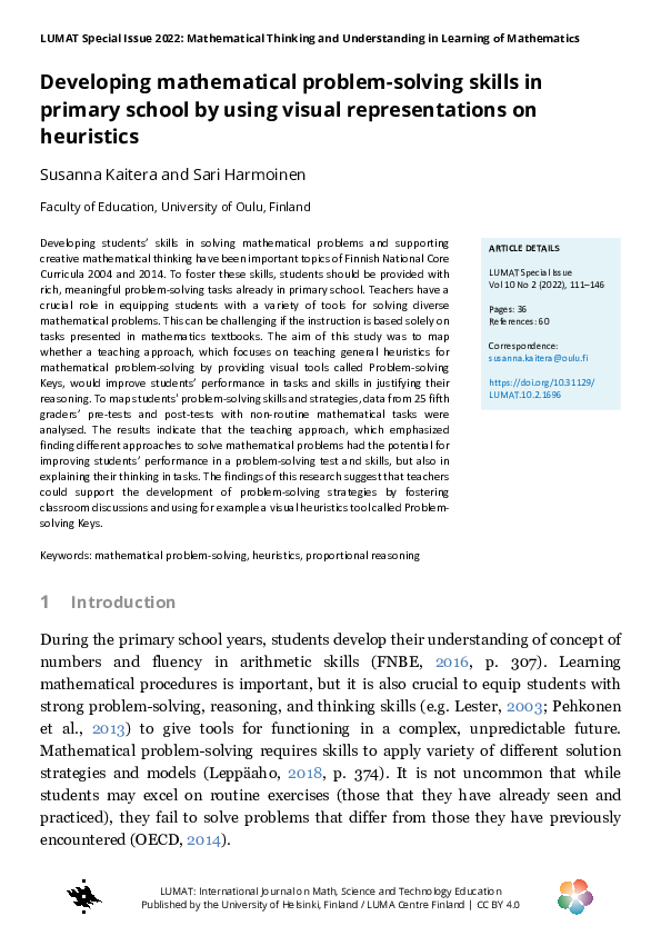 (PDF) Developing mathematical problem-solving skills in primary school by using visual ...