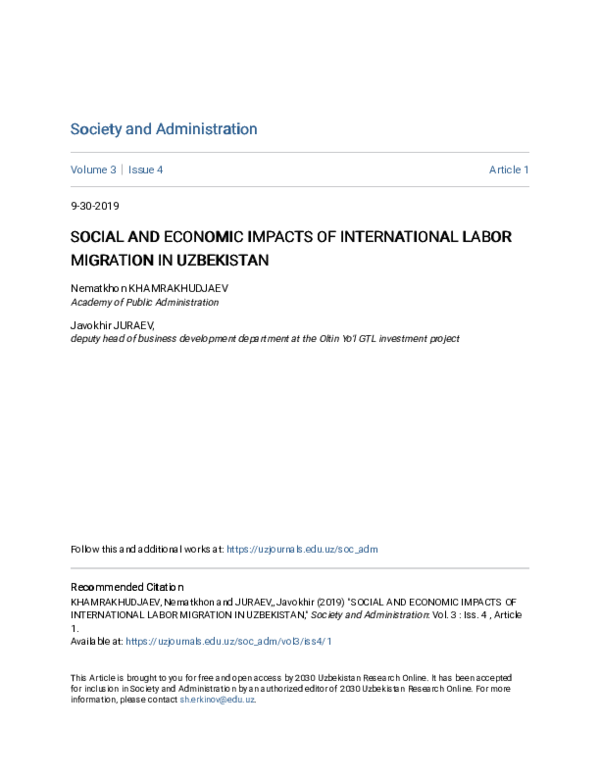 (PDF) Social and Economic Impacts of International Labor Migration in Uzbekistan