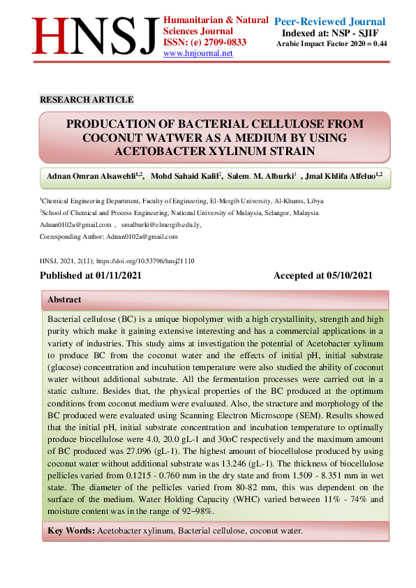 (PDF) Producation of Bacterial Cellulose from Coconut Water as a Medium ...