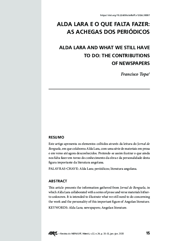 (PDF) Alda Lara e o que falta fazer: as achegas dos periódicos | Francisco Topa - Academia.edu