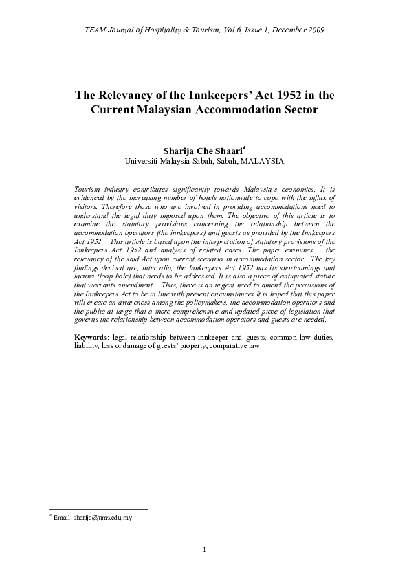 (PDF) The Relevancy of the Innkeepers ’ Act 1952 in the Current ...