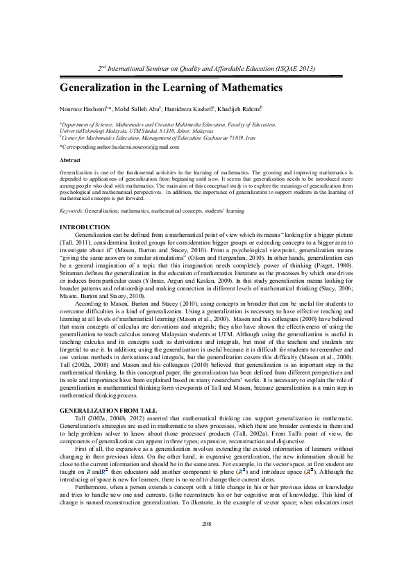 (PDF) Generalization in the learning of mathematics