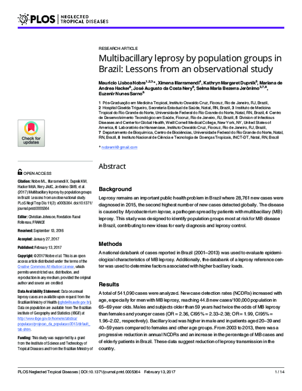 (PDF) Multibacillary leprosy by population groups in Brazil: Lessons ...