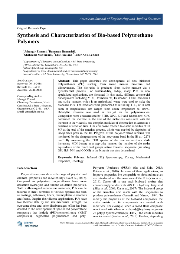 (PDF) Synthesis and characterization of biobased polyurethane and its nanocomposite adhesive ...