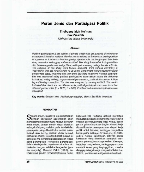 Peran Jenis dan Partisipasi Politik