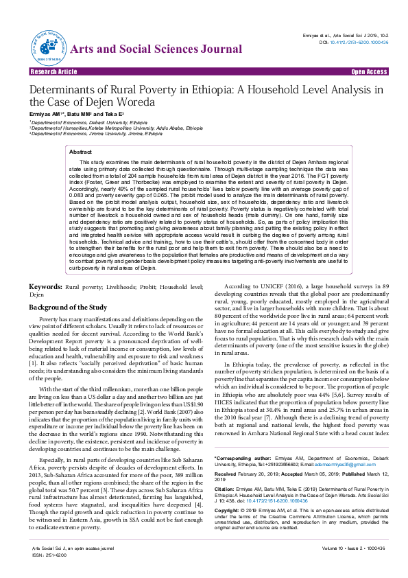 (PDF) Determinants of rural poverty in Ethiopia A Household level ...