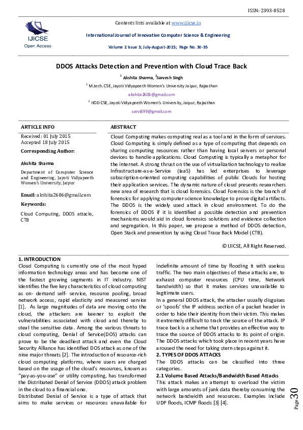 Pdf Ddos Attacks Detection And Prevention With Cloud Trace Back