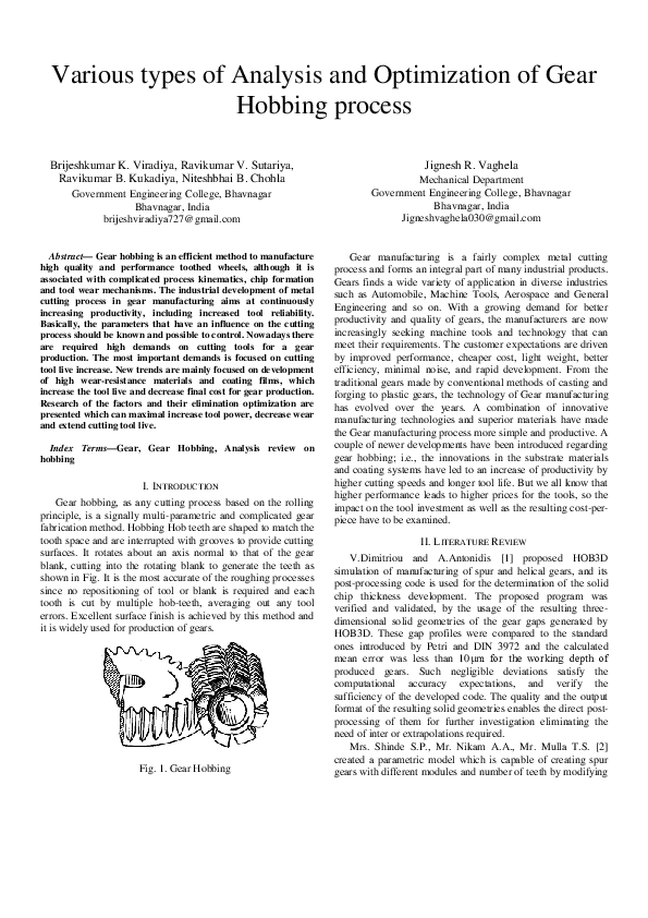 (PDF) Various types of Analysis and Optimization of Gear Hobbing process
