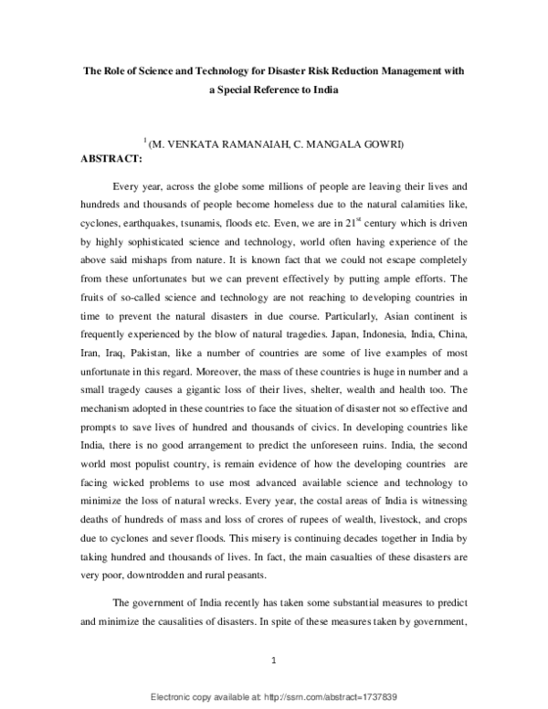 (PDF) The Role of Science and Technology for Disaster Risk Reduction ...