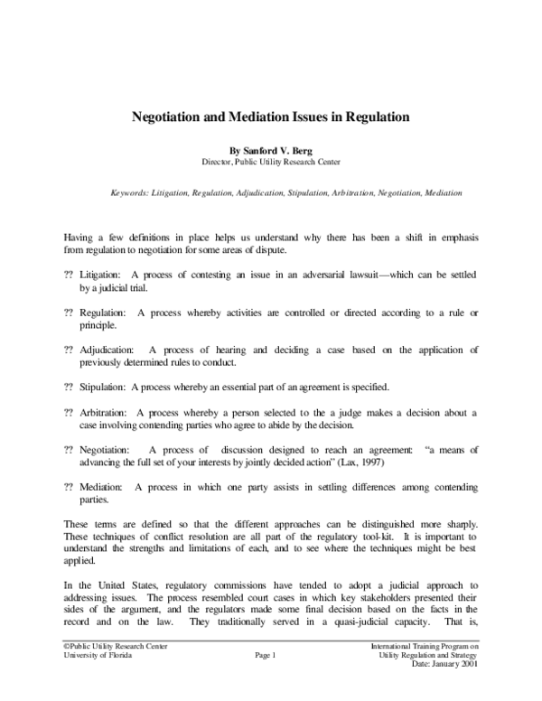 (PDF) Negotiation and Mediation Issues in Regulation