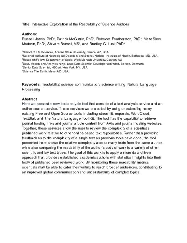 (PDF) Interactive Exploration of the Readability of Science Authors