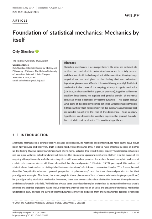 (PDF) Foundation of statistical mechanics: Mechanics by itself